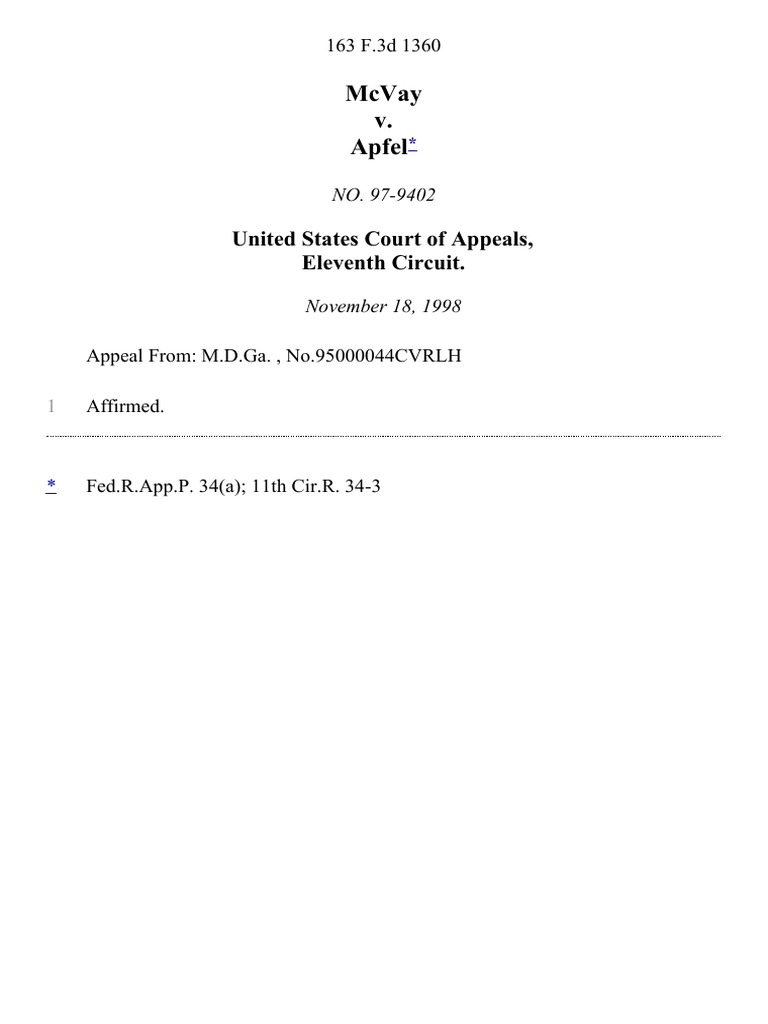 McVay v. Apfel, 163 F.3d 1360, 11th Cir. (1998) | PDF