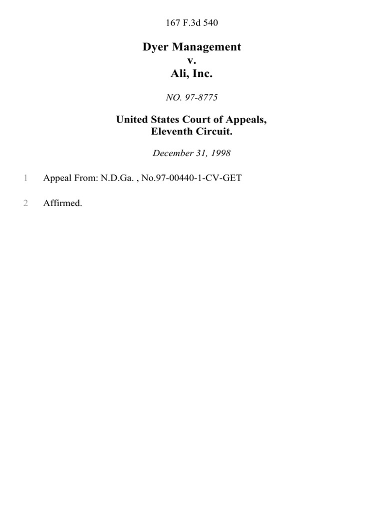 Dyer Management v. Ali, Inc, 167 F.3d 540, 11th Cir. (1998) | PDF