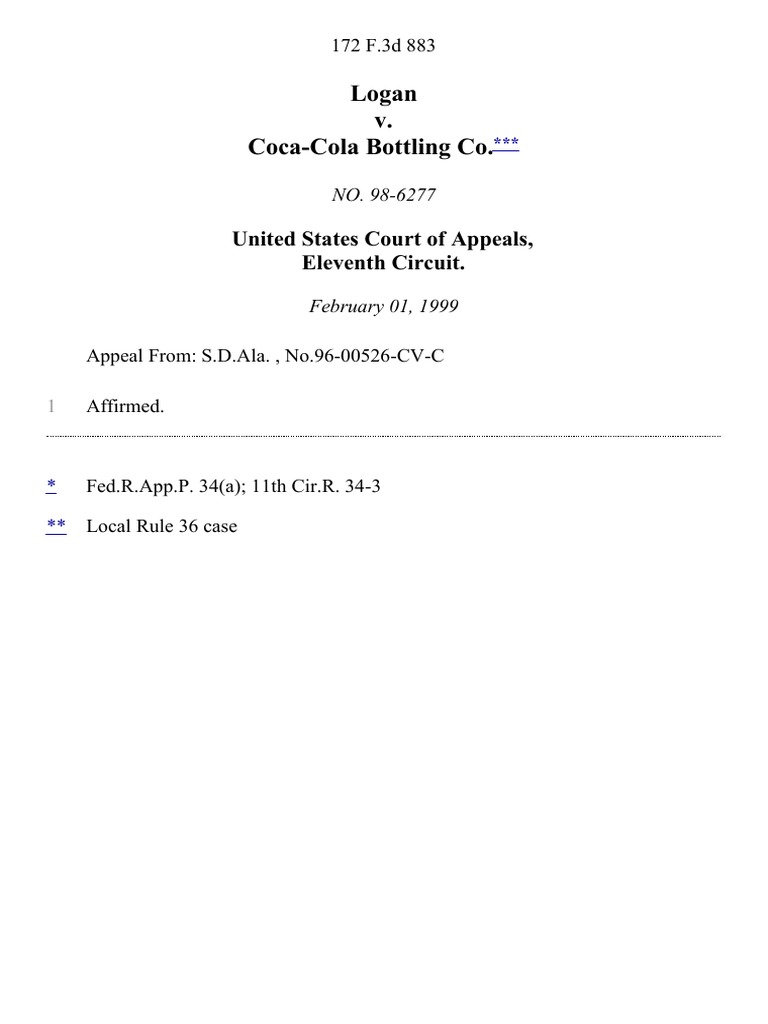 Logan v. Coca-Cola Bottling Co., 172 F.3d 883, 11th Cir. (1999) | PDF Logan v. Coca-Cola Bottling Co., 172 F.3d 883, 11th Cir. (1999) | PDF