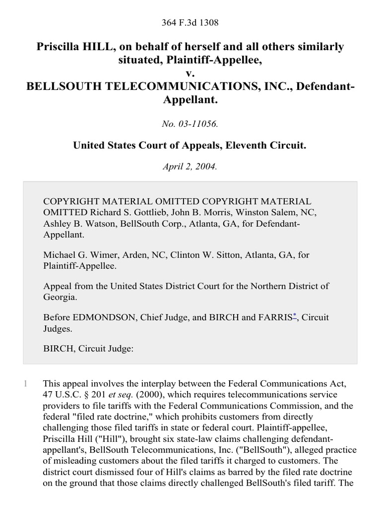 Priscilla Hill v. BellSouth Telecommunications, 364 F.3d 1308, 11th Cir ...