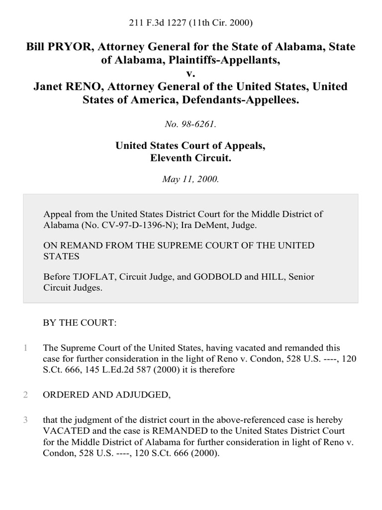 Bill Pryor, Attorney General For The State of Alabama, State of Alabama v. Janet Reno, Attorney ...