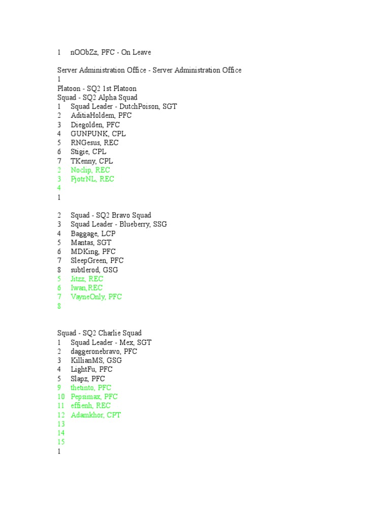 SQ2 Platoon and Squad Roster | PDF