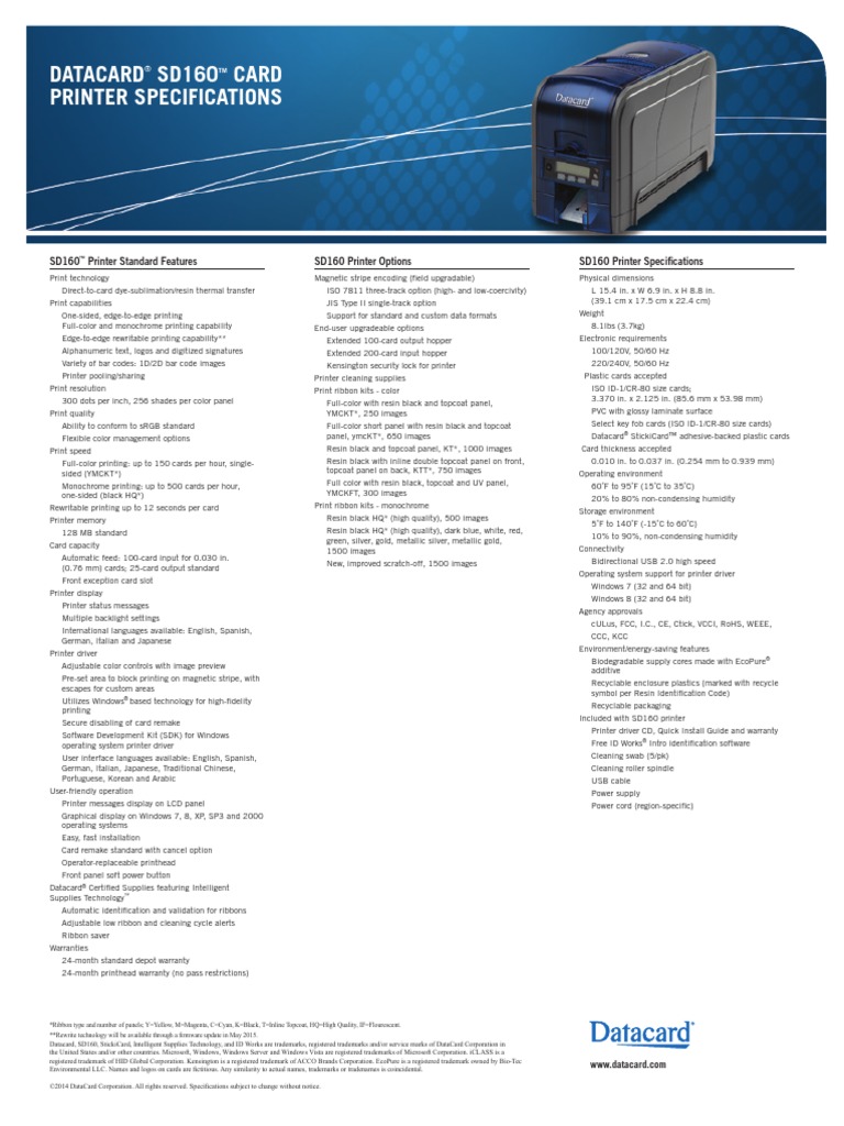 Datacard SD160 Card Printer Specifications | PDF | Printer (Computing ...