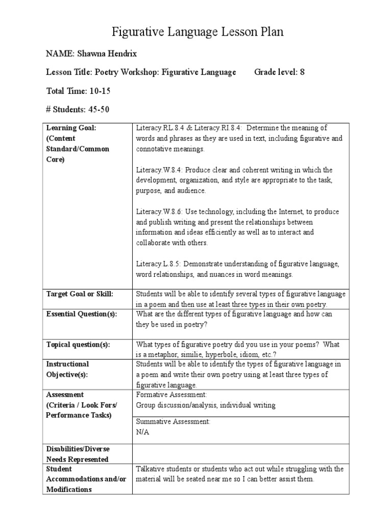 Figurative Language Lesson Plan | PDF | Educational Assessment | Poetry