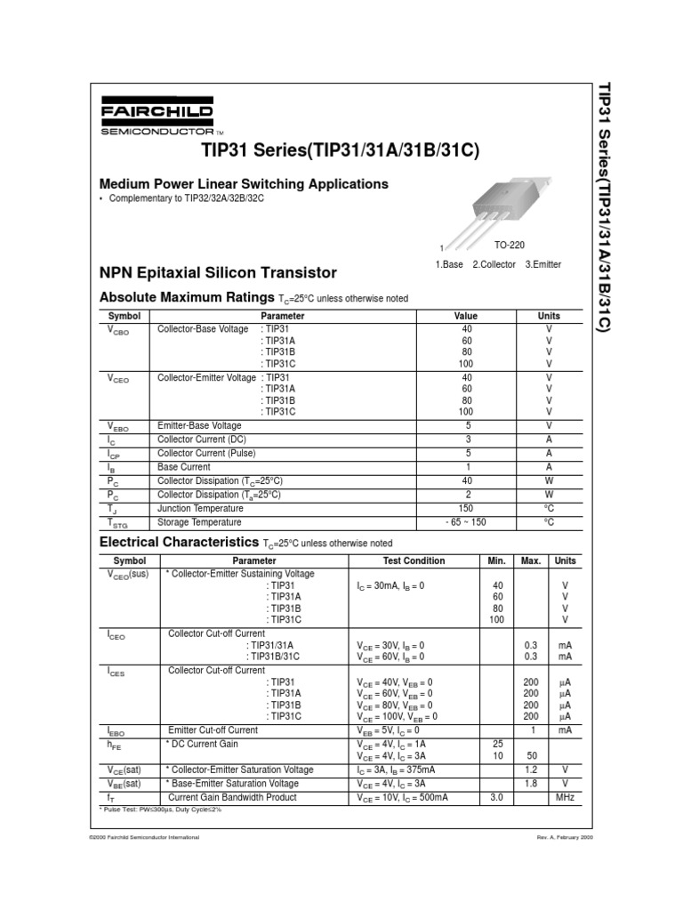 TIP31 Series (TIP31/31A/31B/31C) : NPN Epitaxial Silicon Transistor ...