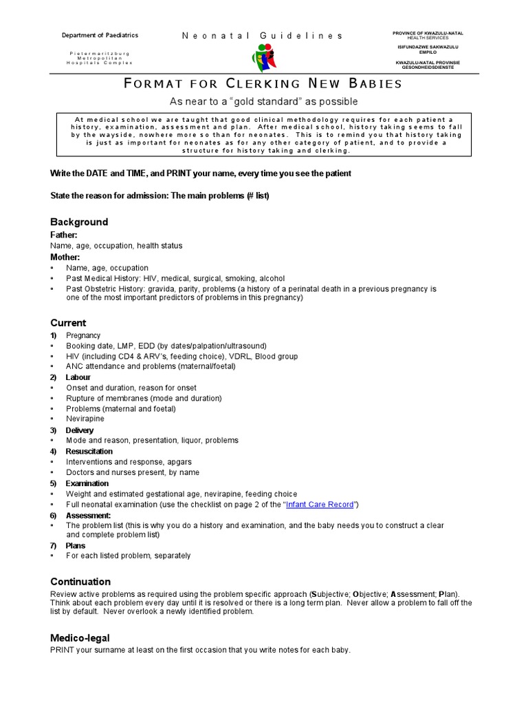 Format For Clerking Neonates CHeRP 2007 | PDF