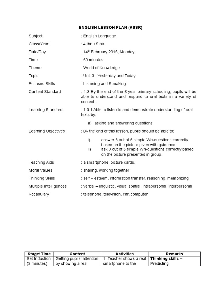 English Lesson Plan (KSSR) | PDF | Question | Understanding