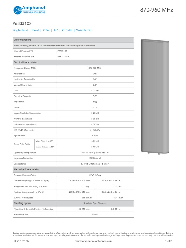 Single Band - Panel - X-Pol - 34° - 21.0 Dbi - Variable Tilt | PDF
