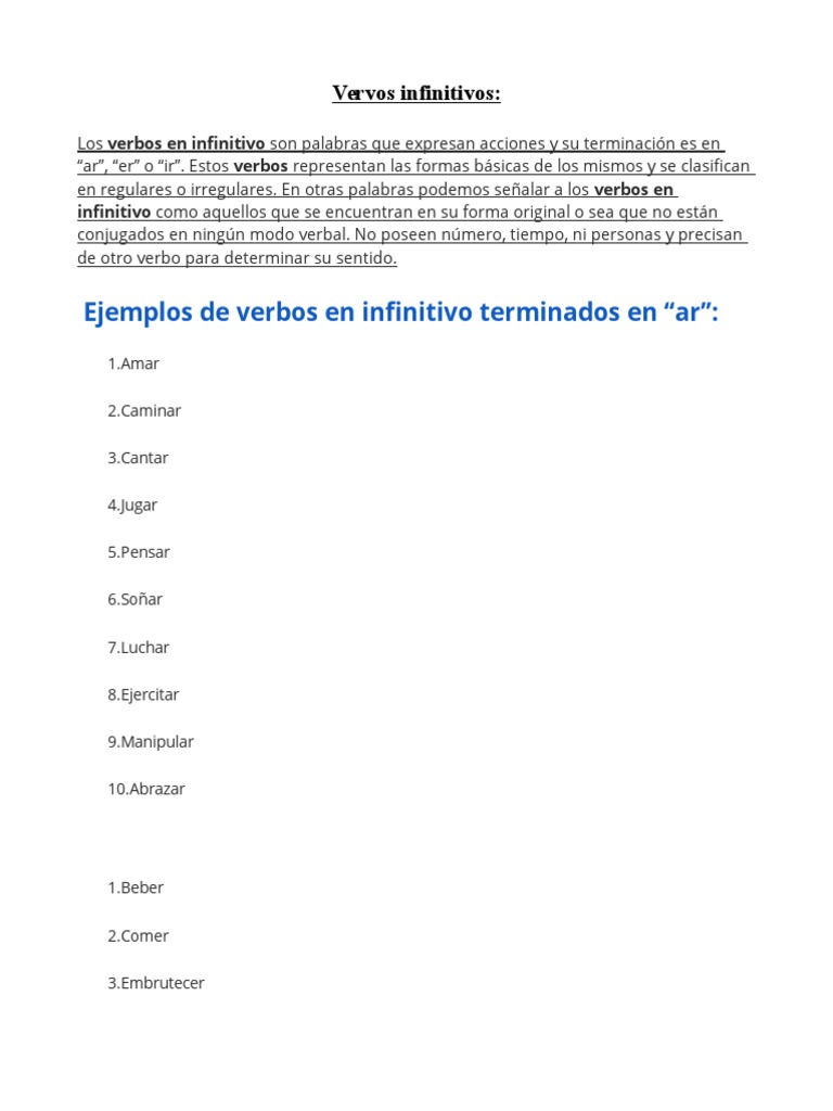 Verbos en Infinitivo | PDF | Verbo | Conjugación gramatical