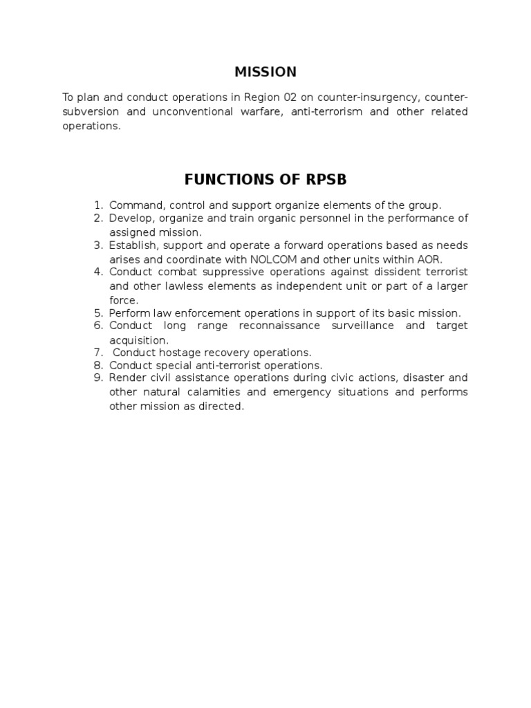 Functions of RPSB: Mission | PDF | Counter Terrorism | Warfare