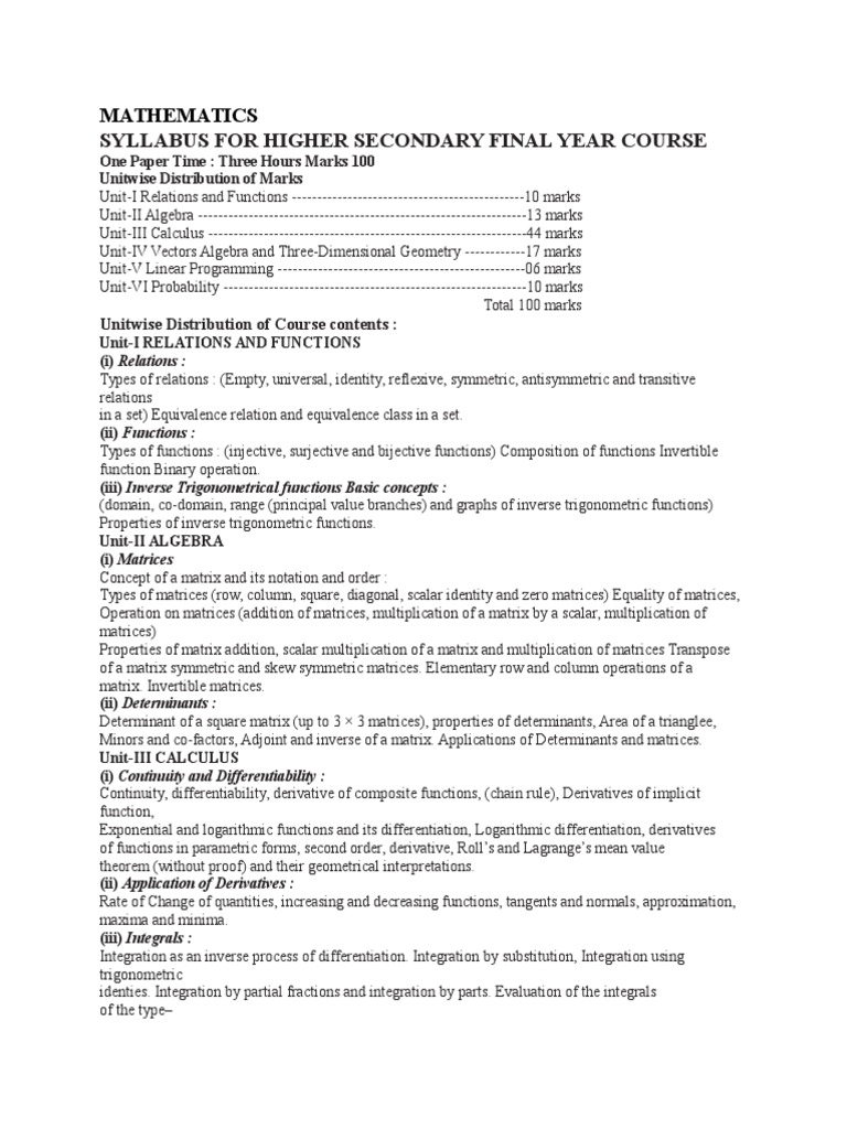 Syllabus For Higher Secondary Final Year Course: Mathematics | PDF ...