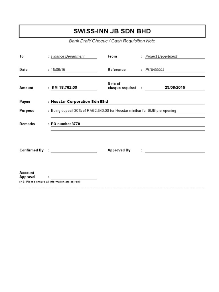 Swiss-Inn JB SDN BHD: Bank Draft/ Cheque / Cash Requisition Note | PDF ...
