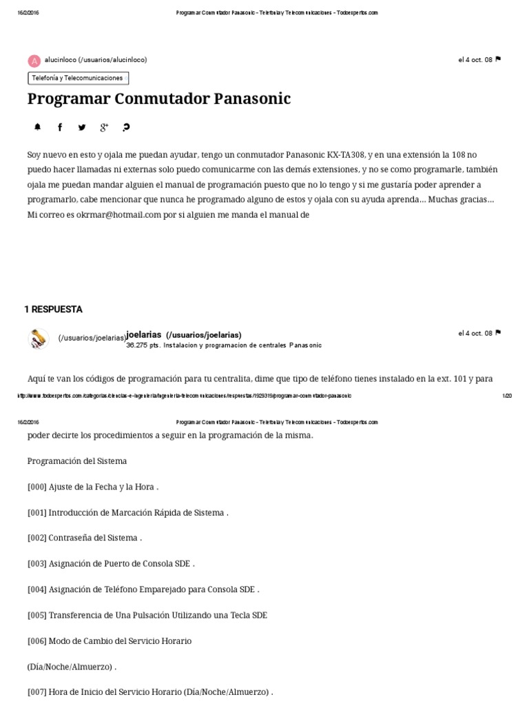 Programar Planta Panasonic PDF | PDF | Teléfono | Telefonía