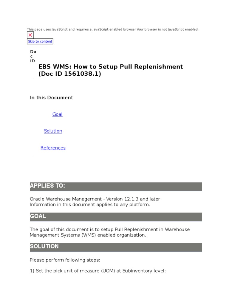 Oracle WMS How To Setup Pull Replenishment | PDF