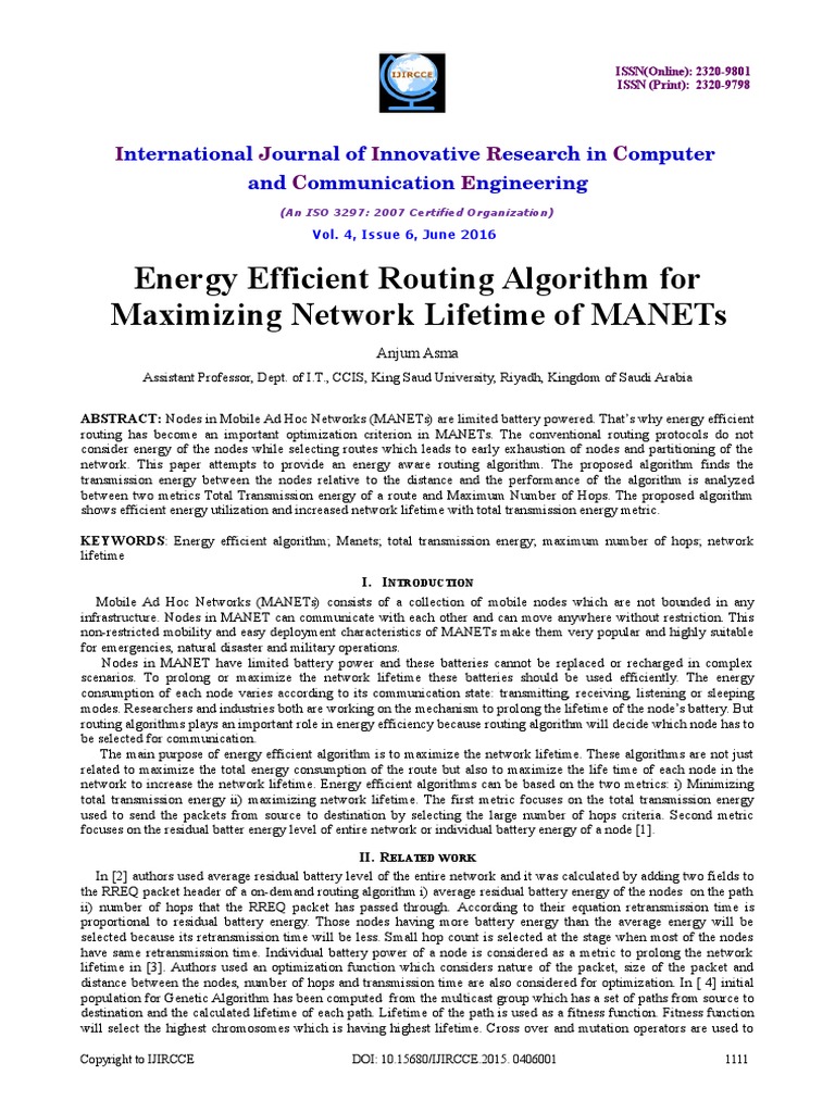 Energy Efficient Routing Algorithm For Maximizing Network Lifetime Of Manets Pdf Routing