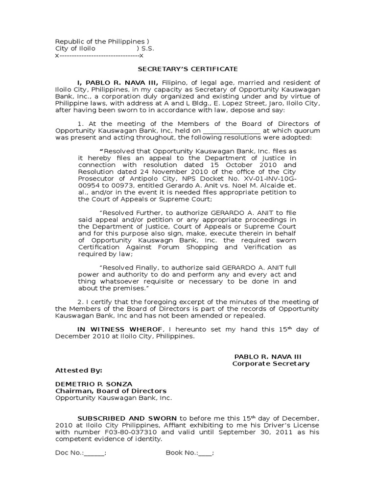 Secretary's Certificate | PDF
