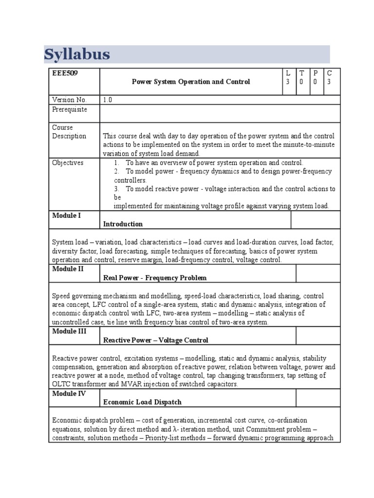 Syllabus: EEE509 Power System Operation and Control | PDF