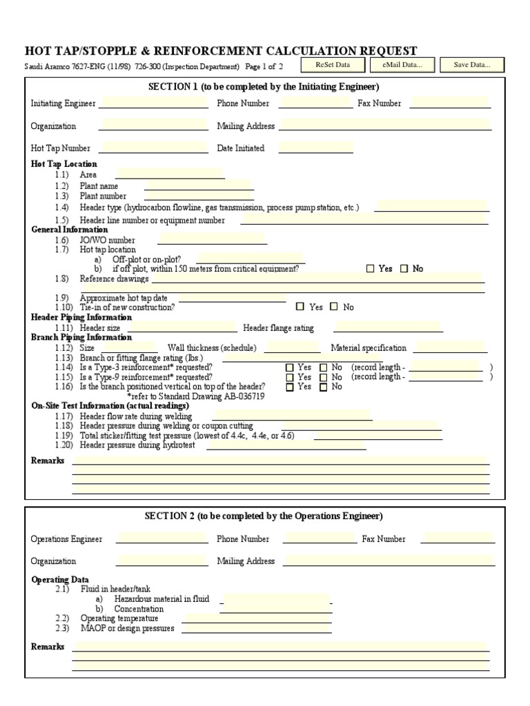 Hot Tap/Stopple & Reinforcement Calculation Request: SECTION 1 (To Be ...