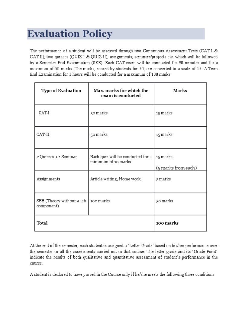 A Comprehensive Evaluation Policy: Assessing Student Performance ...