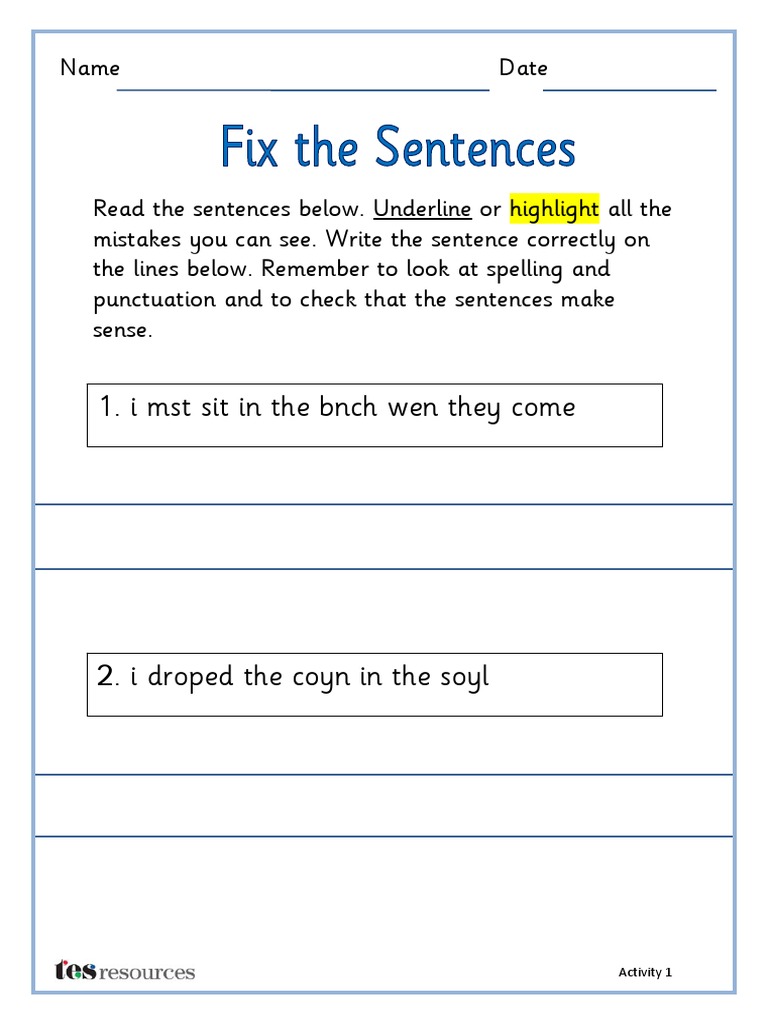 Fix The Sentences - Worksheets With Ruled Lines | PDF | Punctuation | Text