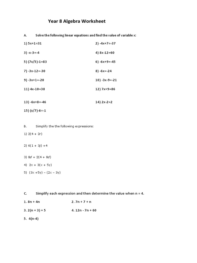 Year 8 Algebra Worksheet | PDF