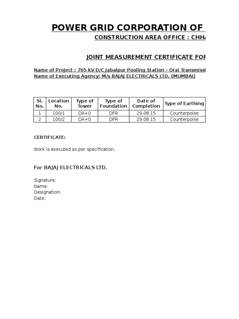 Joint Measurement Certificate for Earthing Work on 765 kV Transmission ...
