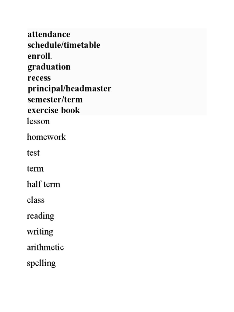 Attendance Schedule/timetable Enroll. Graduation Recess Principal ...