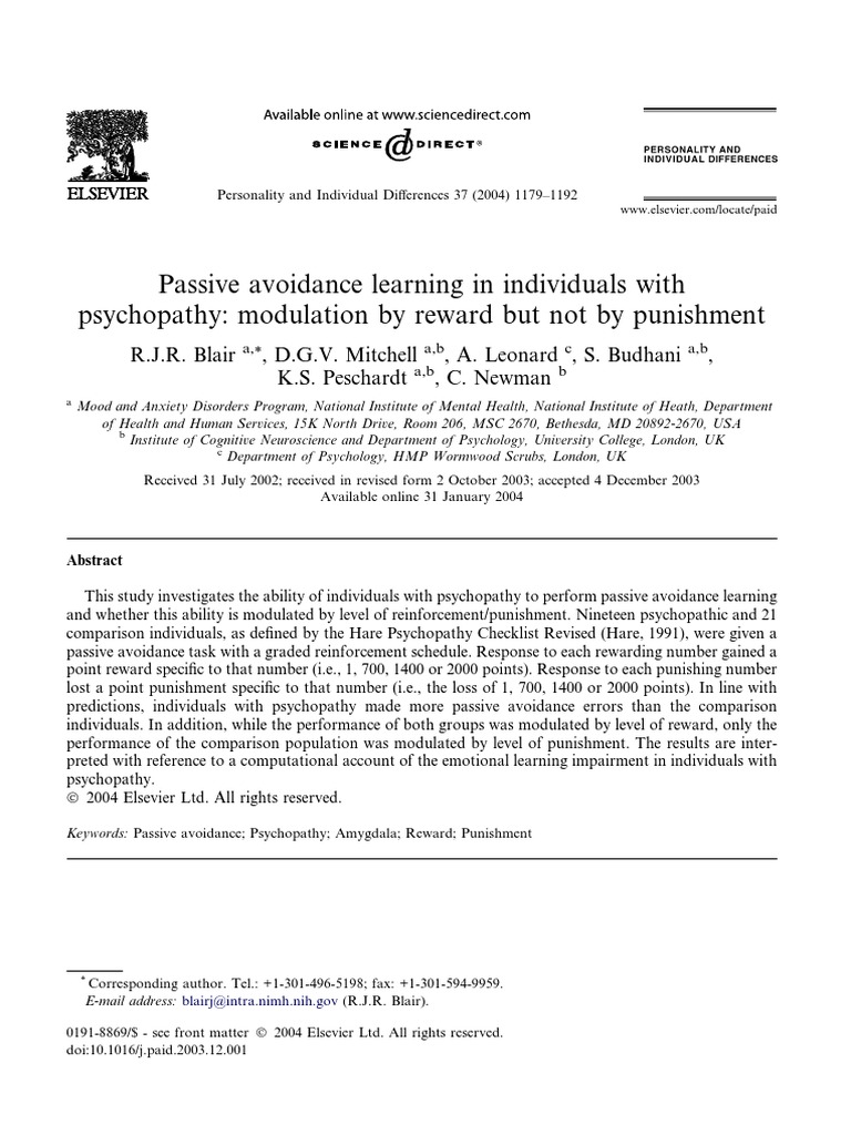 Passive Avoidance Learning in Individuals With Psychopathy: Modulation by Reward But Not by ...