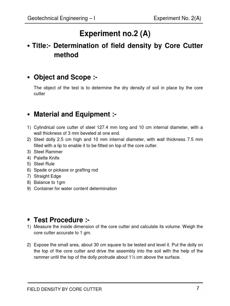 Determination of Field Density by Core Cutter Method | PDF | Density | Geotechnical Engineering