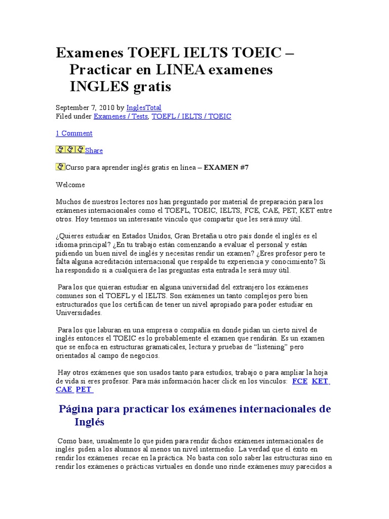 Examenes TOEFL IELTS TOEIC | PDF | Sistema internacional de pruebas de ...