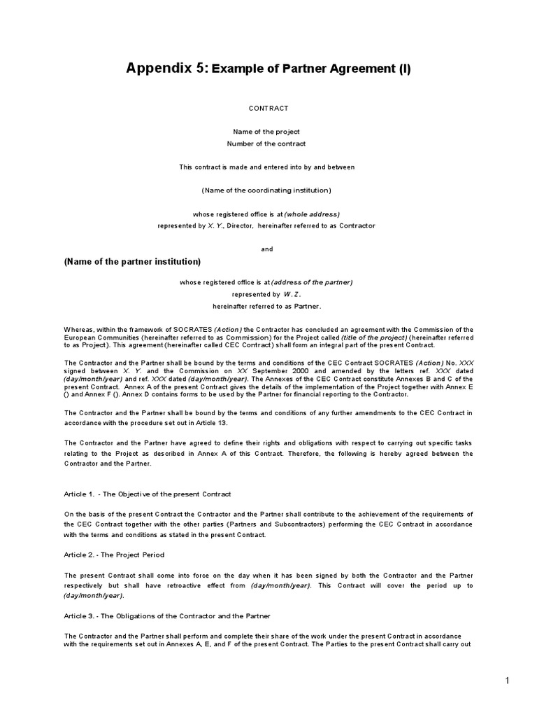 Appendix 5:: Example of Partner Agreement (I) | PDF | Indemnity ...