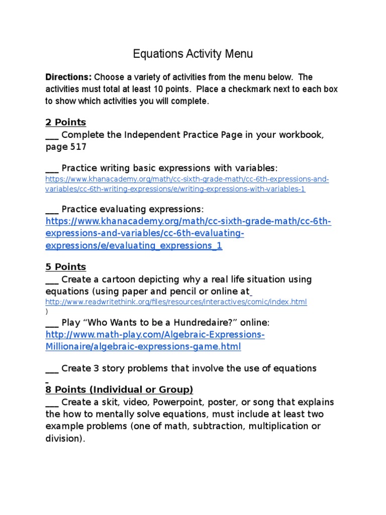 Equationsactivitymenu | PDF
