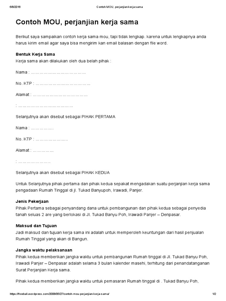 Contoh MOU, Perjanjian Kerja Sama - Villa Bali Sale | PDF