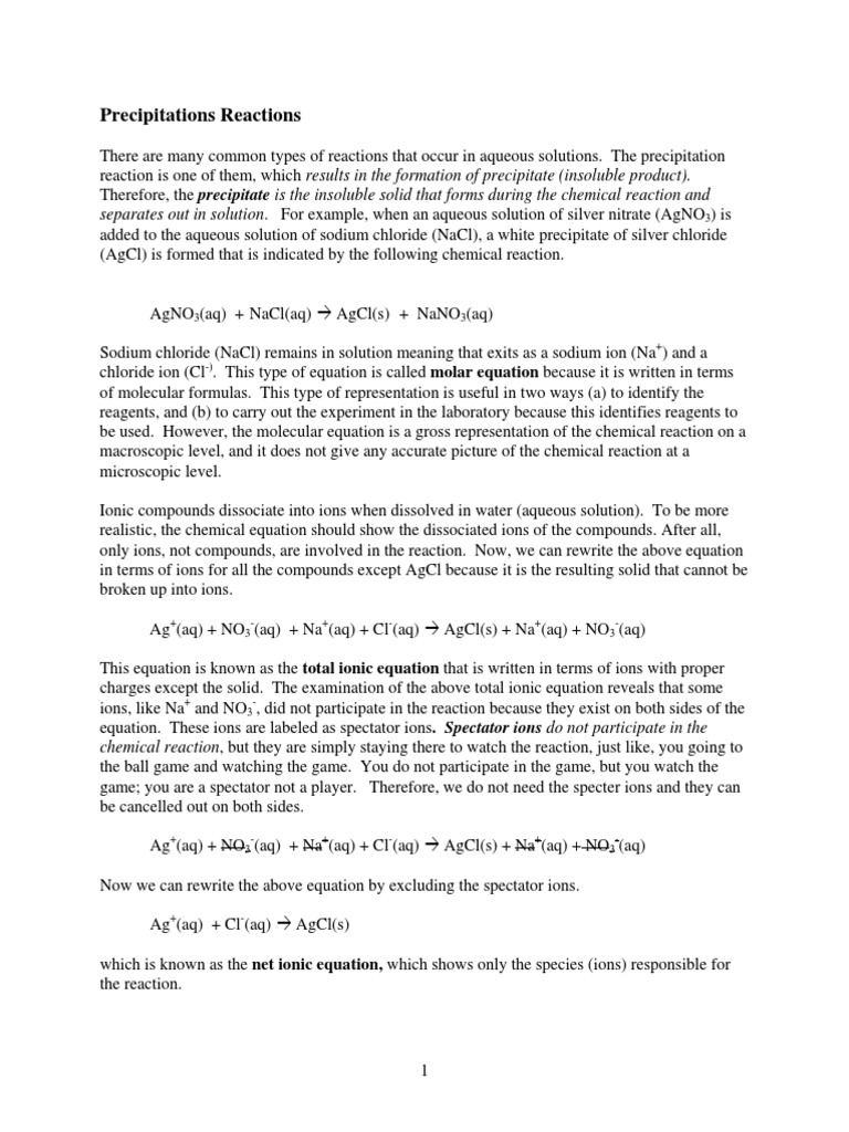 Precipitations Reactions: Separates Out in Solution. For Example, When ...