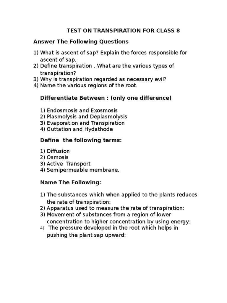 Test On Transpiration For Class 8 Answer The Following Questions | PDF ...