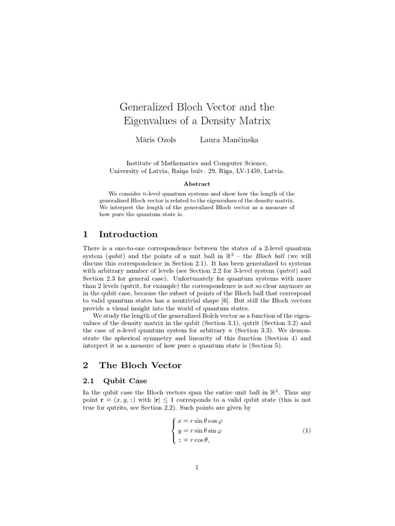 Generalized Bloch Vectors and Eigenvalues | PDF | Matrix (Mathematics ...