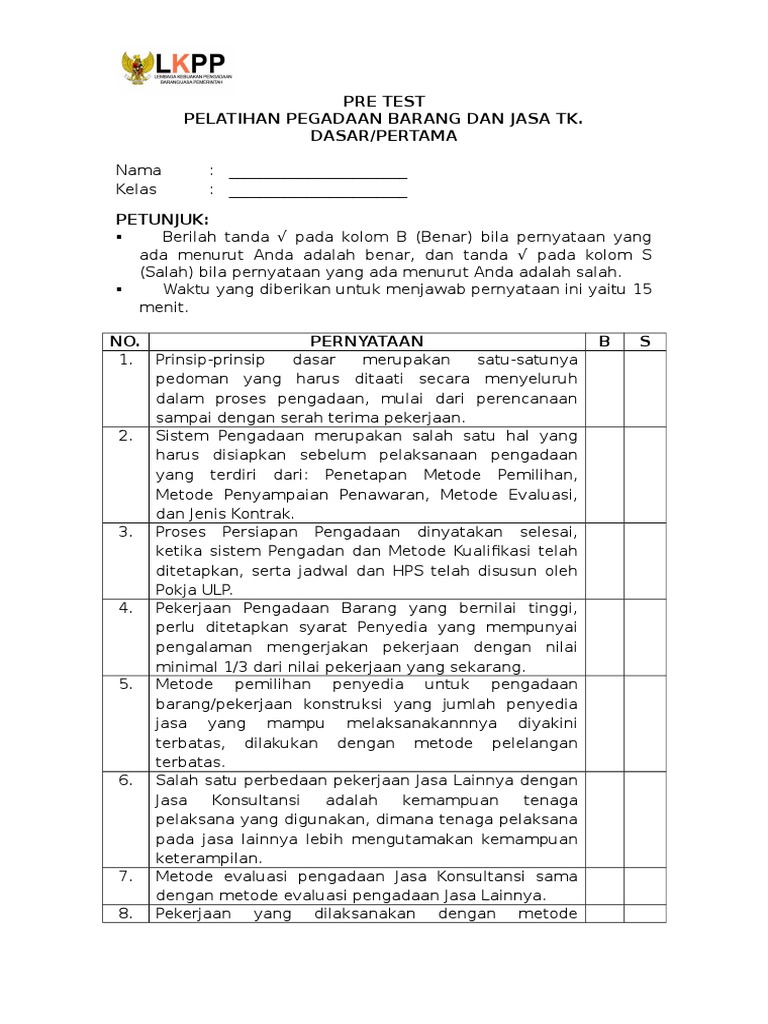 01 Soal Pre Test Post Test Ver.01 | PDF