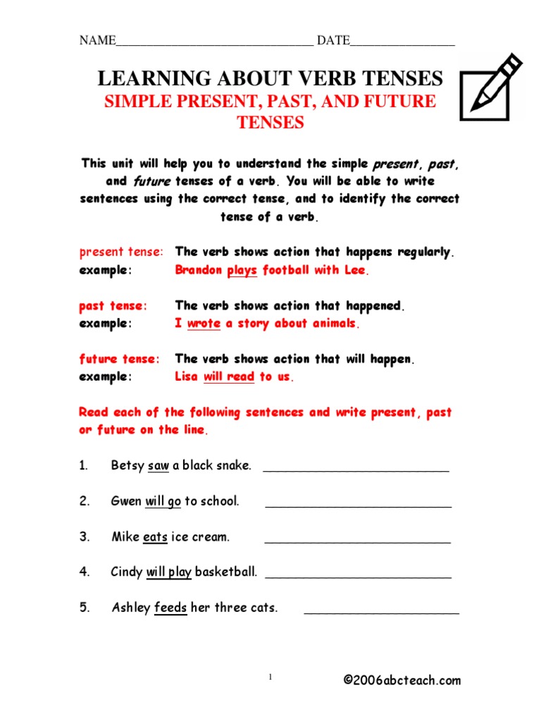 Learning About Verb Tenses: Simple Present, Past, and Future Tenses ...