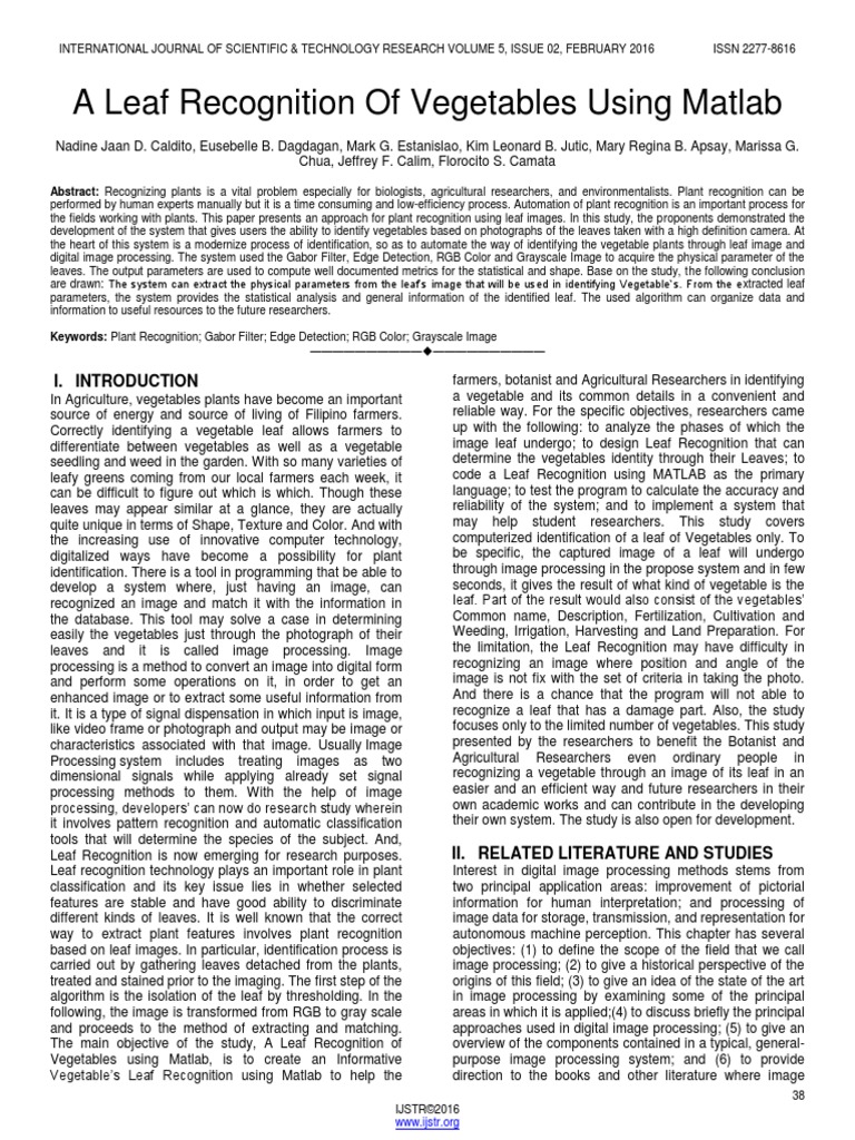 A Leaf Recognition of Vegetables Using Matlab | PDF