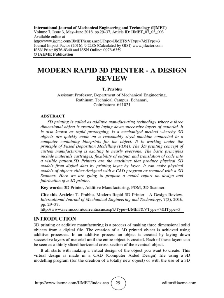 Modern Rapid 3D Printer - A Design Review | PDF | 3 D Printing | Industries