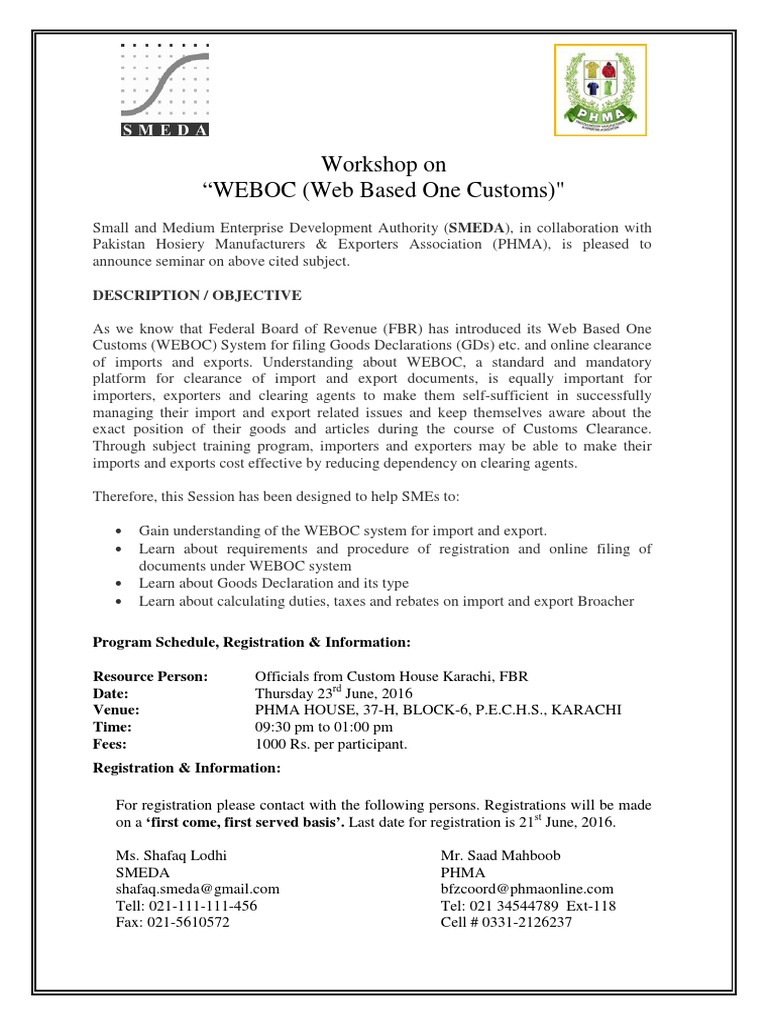 Workshop On "WEBOC (Web Based One Customs) ": Description / Objective | PDF
