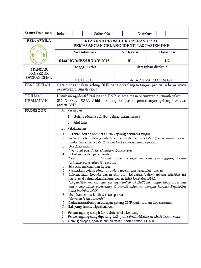 Spo Pemasangan Gelang Pasien DNR | PDF
