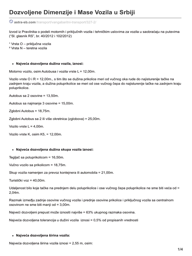 Dozvoljene Dimenzije I Mase Vozila U Srbiji | PDF
