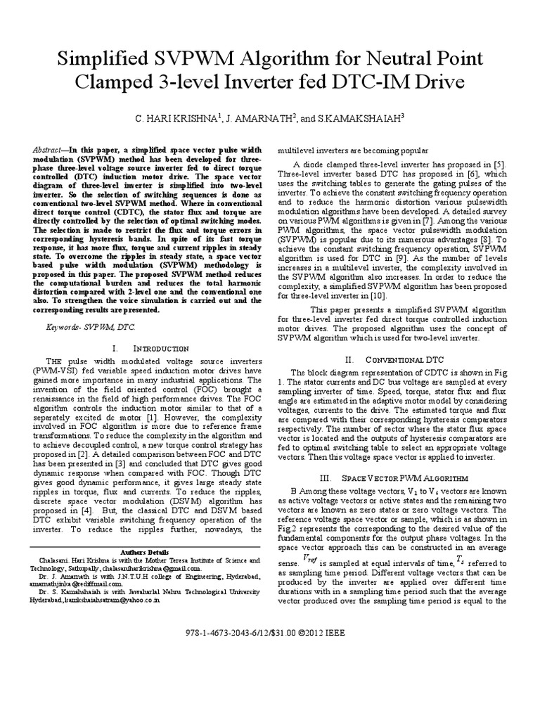 Simplified SVPWM Algorithm For Neutral Point Clamped 3-Level Inverter Fed DTC-IM Drive | PDF ...