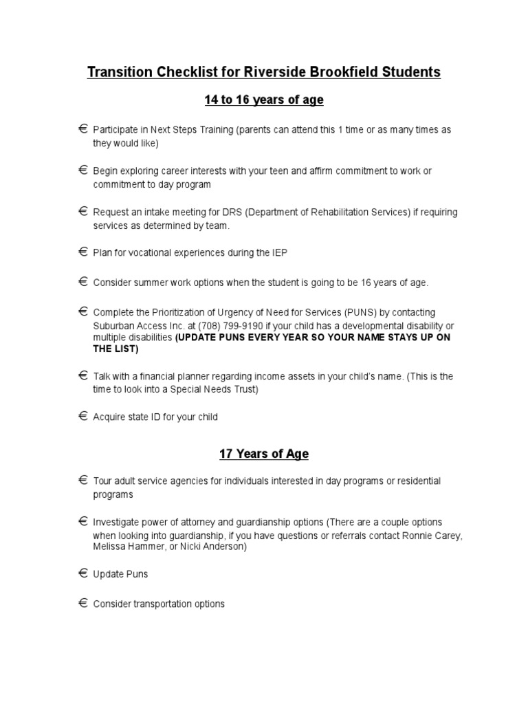 Transition Checklist For Riverside Brookfield Students | PDF | Career ...