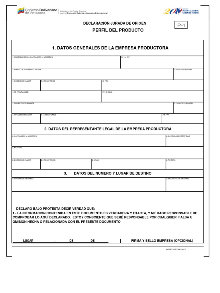 Formulario Declaracion Jurada de Origen | PDF