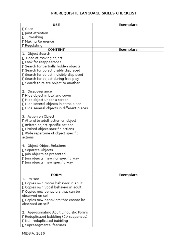 Prerequisite Language Skills Checklist: USE Exemplars | PDF