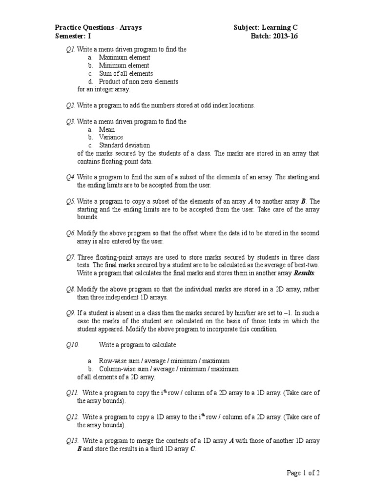 Practice Questions Arrays Pdf Array Data Structure Computer Data 5674