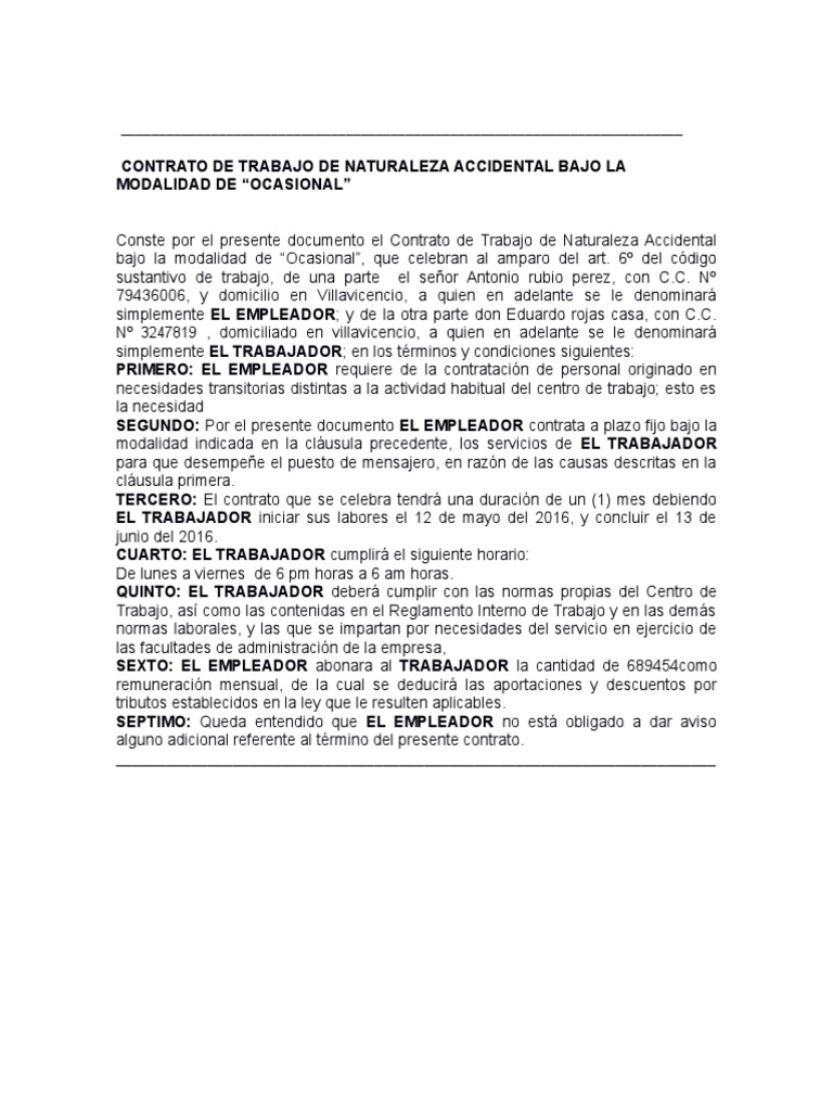 Contrato de Trabajo de Naturaleza Accidental Bajo La Modalidad de | PDF | Instituciones sociales ...