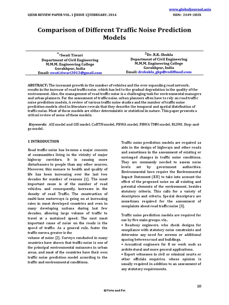 Comparison of Different Traffic Noise Prediction Models | PDF | Traffic | Highway